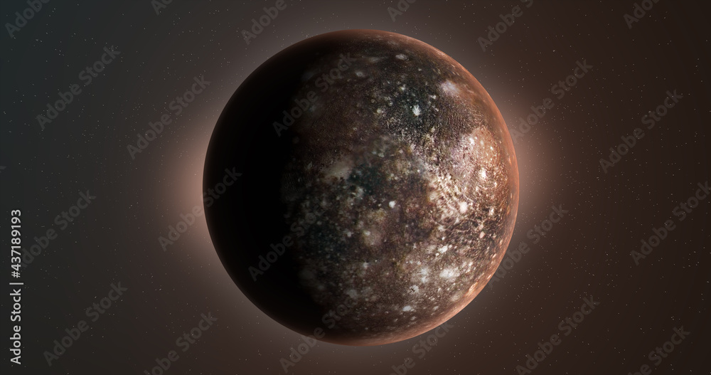 Callisto, Jupiter's moon, rotating in its own orbit in the outer space ...