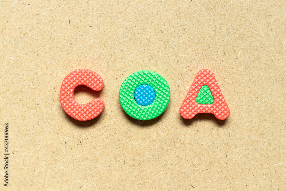 Foam alphabet letter in word COA (abbreviation of certificate of ...