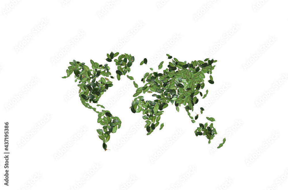 world map shape made of green leaves isolated on white background. Save ...