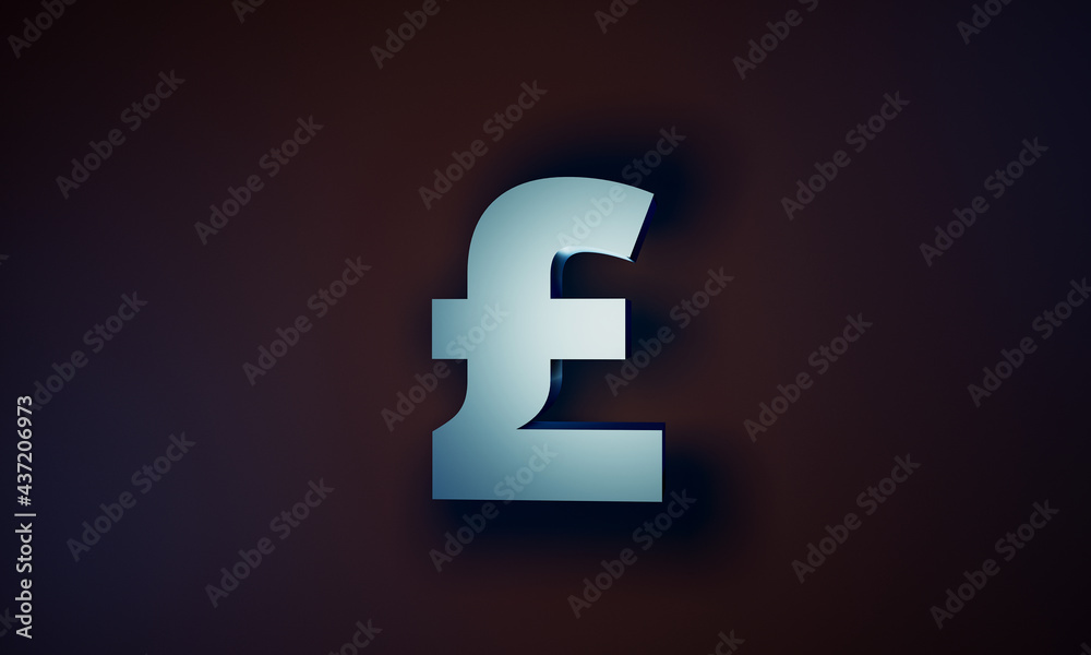 British Pound. Single GBP currency symbol in glossy white bluish ...