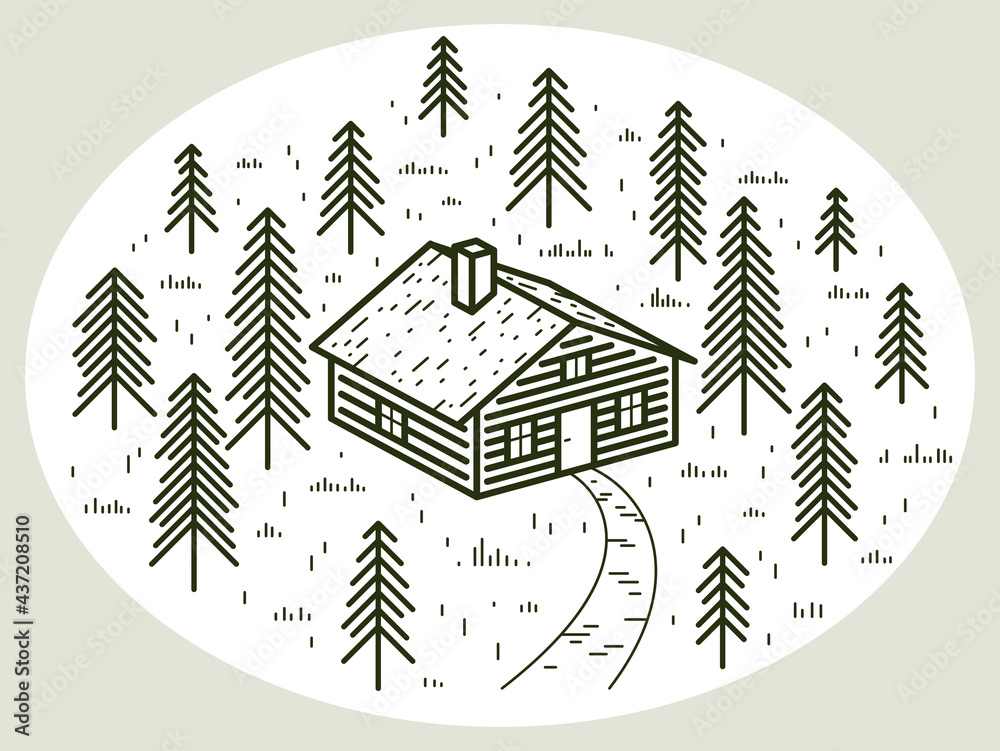 Cabin in woods pine forest linear vector nature illustration isolated ...