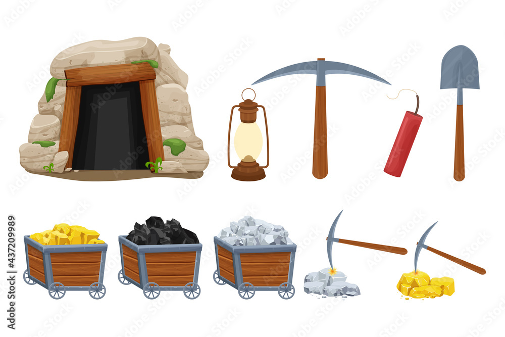 Set mine tools, equipment in cartoon style isolated on white background ...