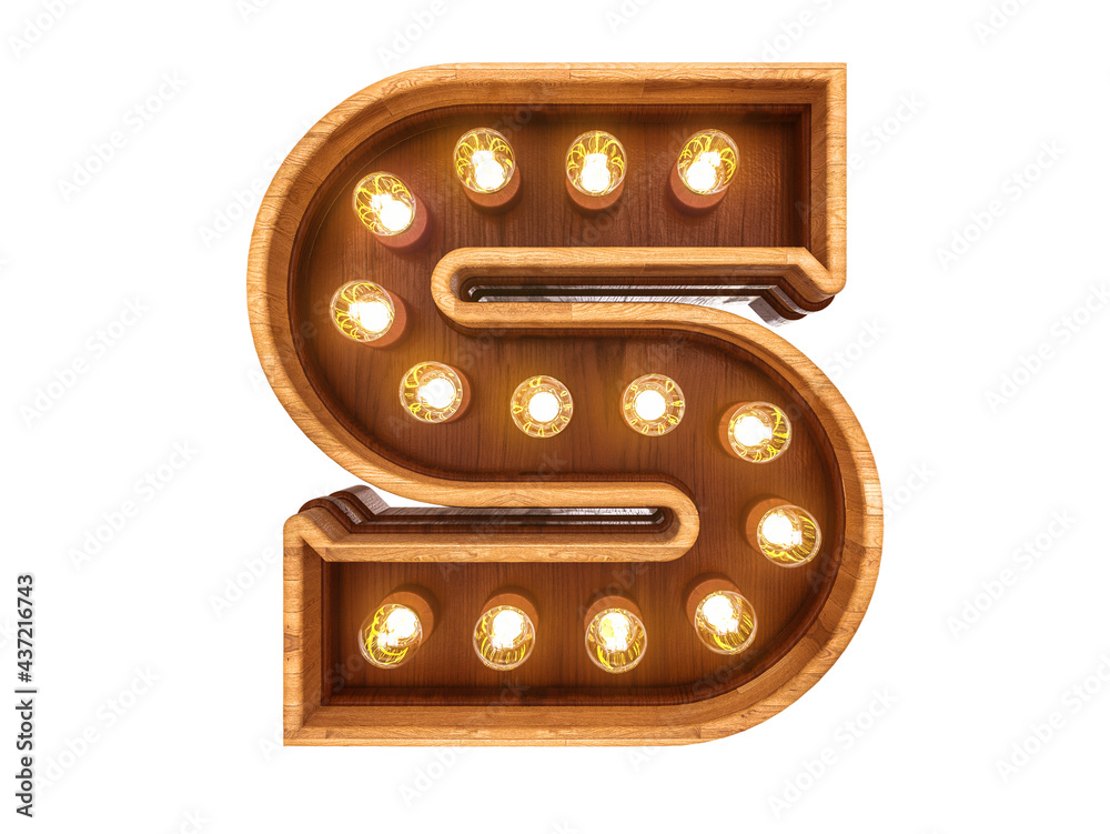 Letter S with realistic light bulbs and wood isolated on white ...