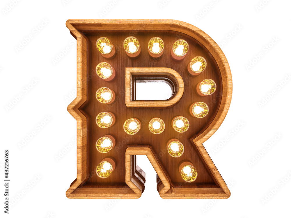 Letter R with realistic light bulbs and wood isolated on white ...