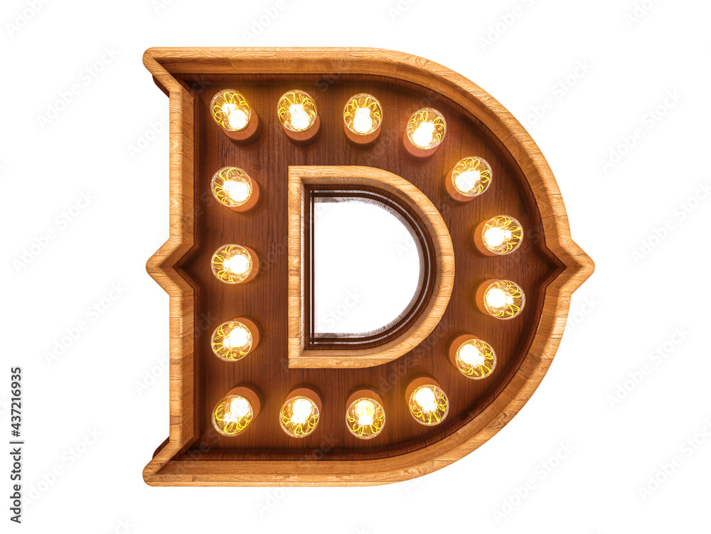 Letter D with realistic light bulbs and wood isolated on white ...