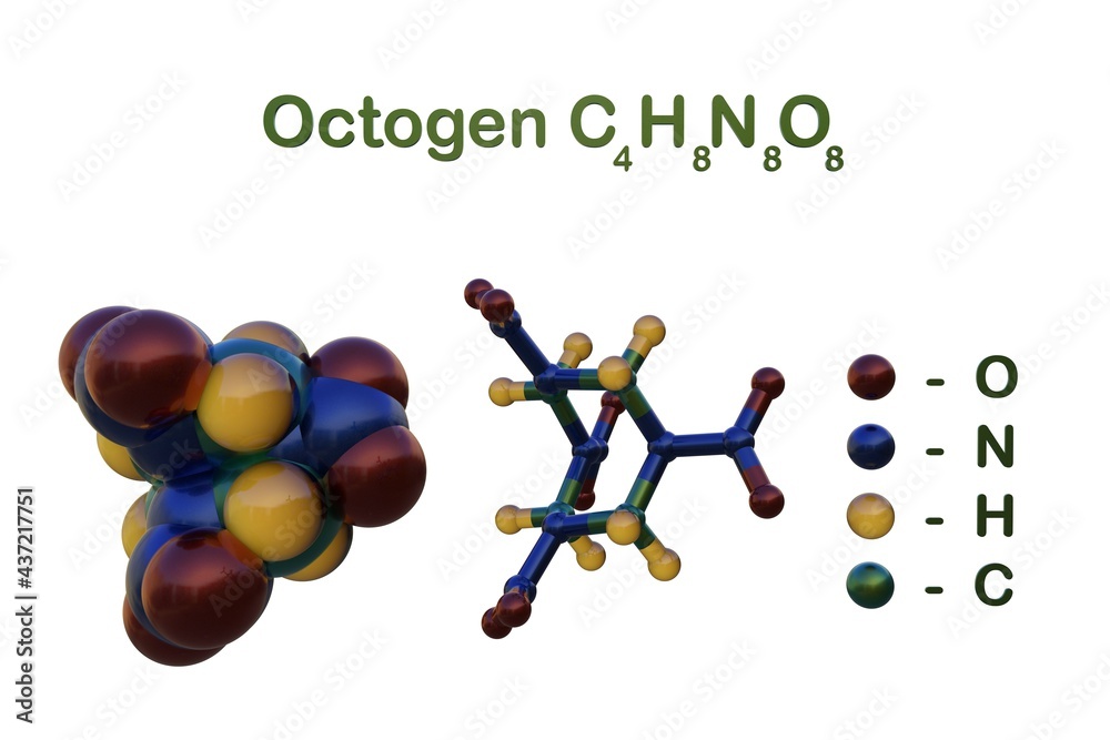 Structural chemical formula and molecular model of octogen or HMX, one ...