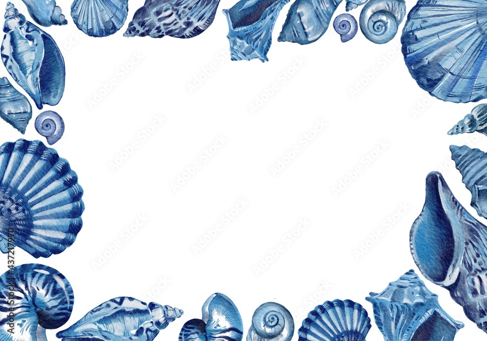 Copy space frame of blue seashells. Sea shells watercolor hand drawn ...