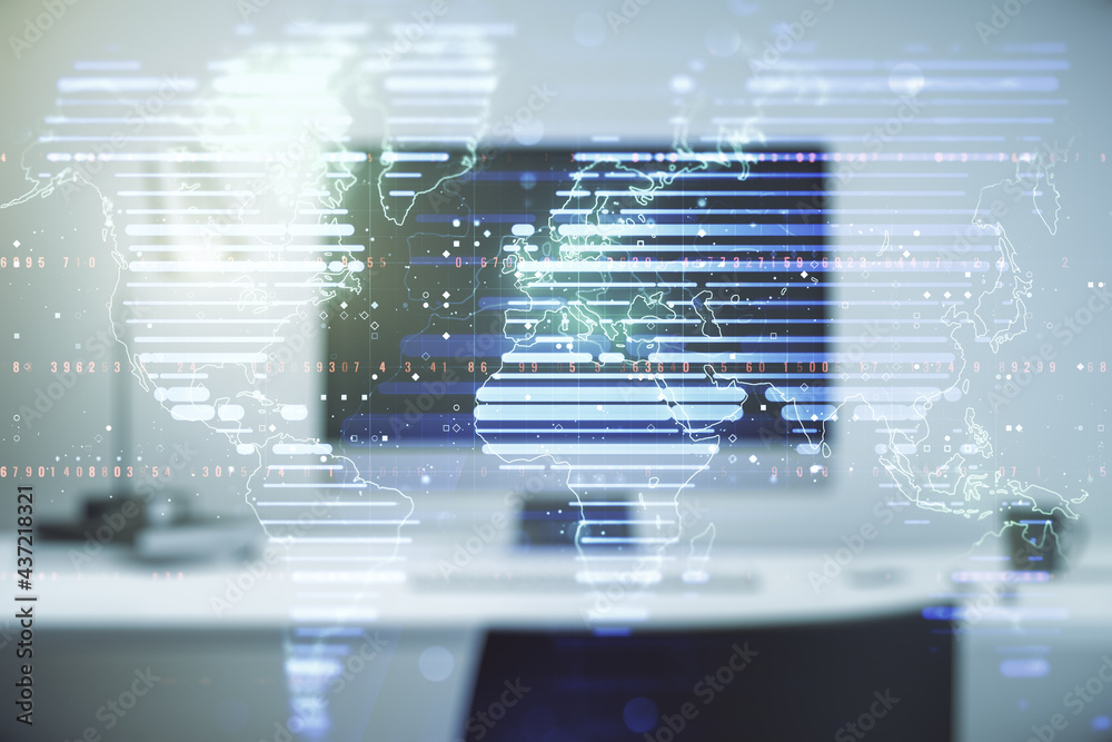 Abstract creative digital world map on modern computer background ...