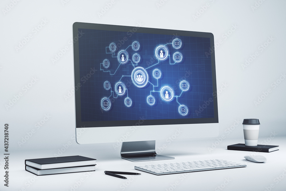 Modern computer monitor with social network icons concept. Marketing ...