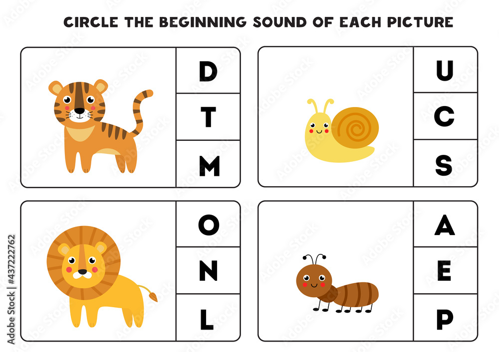 Worksheet for kids. Find the beginning sound. Stock Vector | Adobe Stock