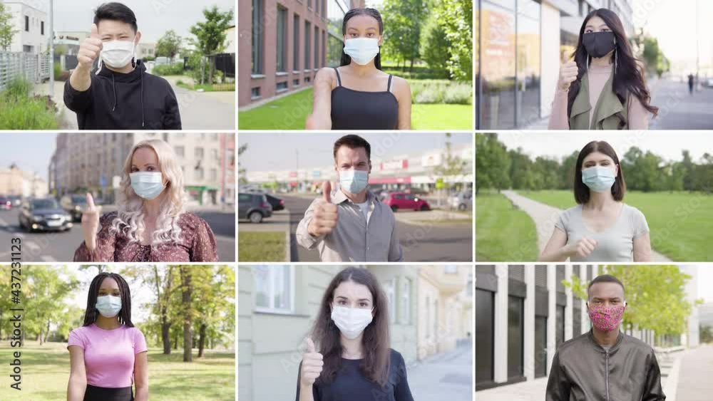 Compilation - group of nine multicultural people with face mask shows a ...