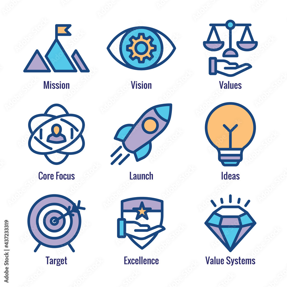 Mission Vision and Values Icon Set w rocket, ideas, and goal icons ...