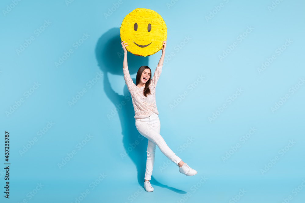 Full length photo of happy cheerful nice young woman big smile emoji ...