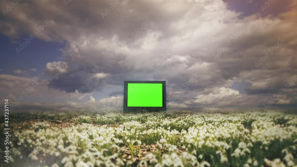 Old Television Green Screen Dumped In Nature, Zoom In. Vintage ...