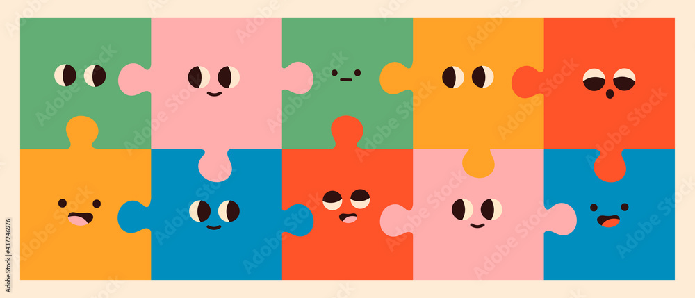 Abstract Puzzles with Faces. Various Emotions. Different colored ...