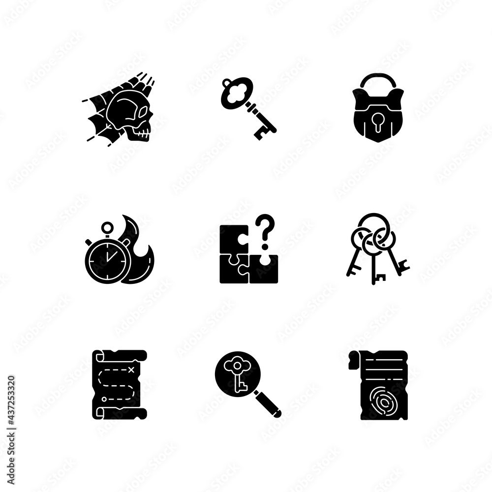 Quest black glyph icons set on white space. Search for missing piece ...