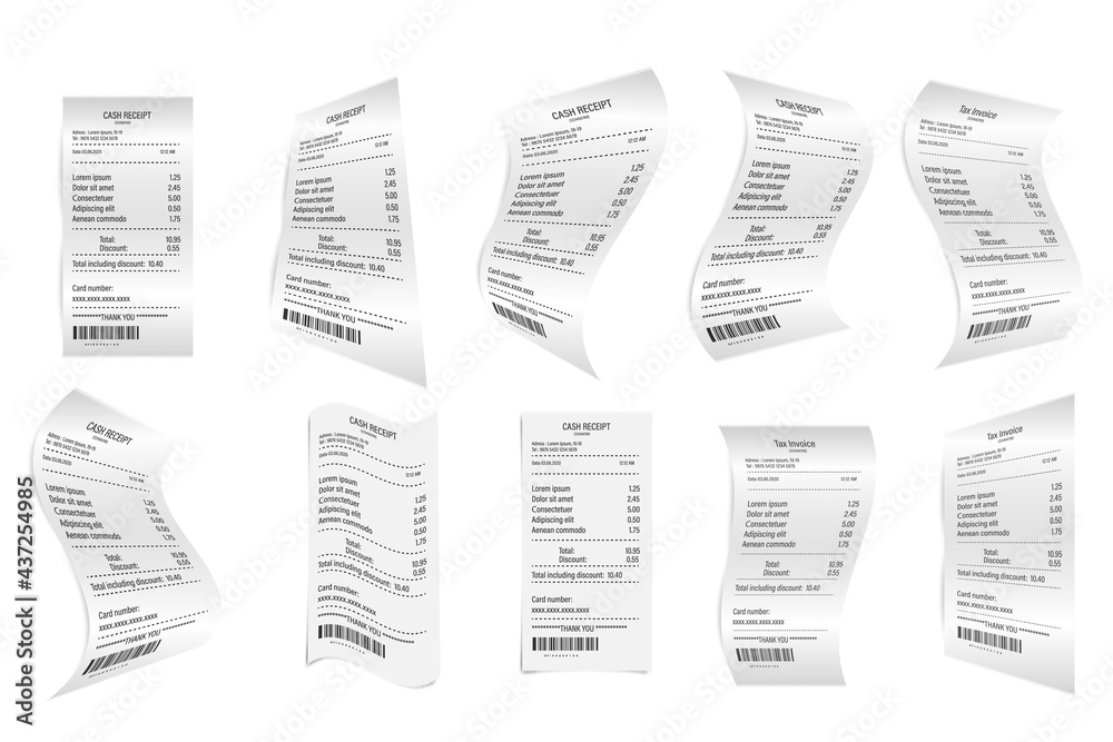 Vector realistic 3d paper store sales receipts printed close up ...