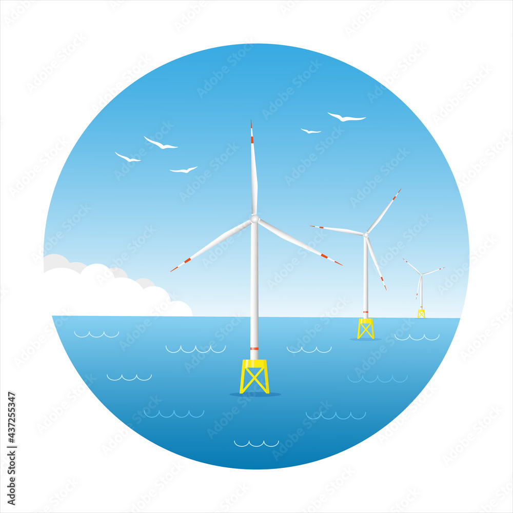 Offshore wind farm. Sea wind turbines. Seascape with offshore wind ...