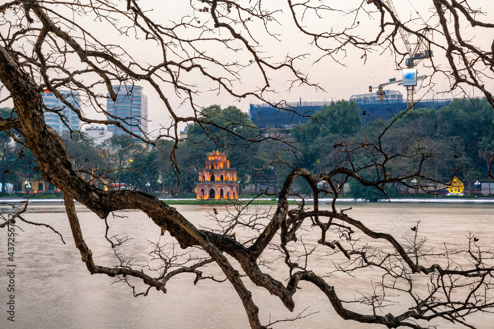 Turtle Tower, the symbol of Vietnam, at twilight period at Hoan Kiem ...