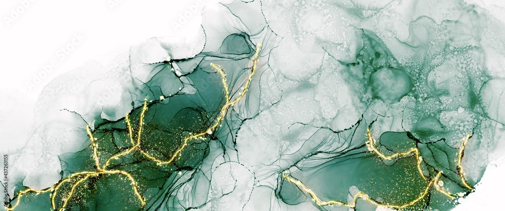 Abstract green and gold alcohol ink background, modern liquid texture ...