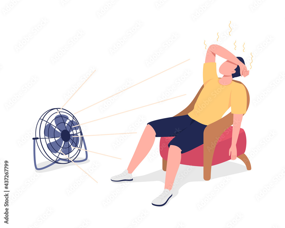 Reducing body heat with fan semi flat color vector character ...