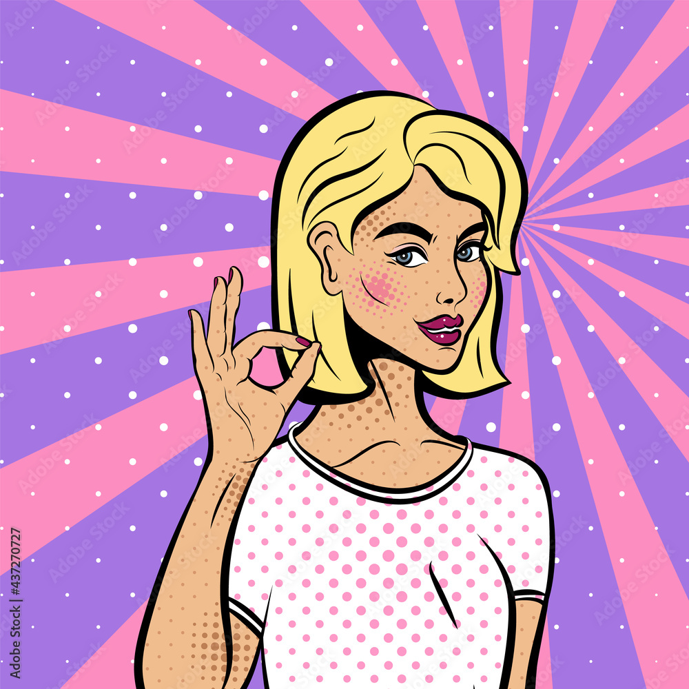 Sexy Pop Art Woman With Squinted Eyes And Open Mouth Background In