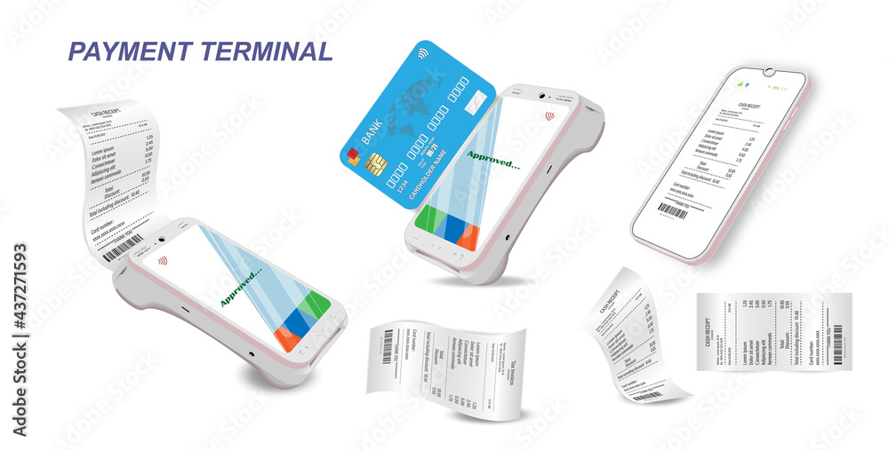 Vector payment machine and credit card. POS terminal confirms the payment by debit credit card ...