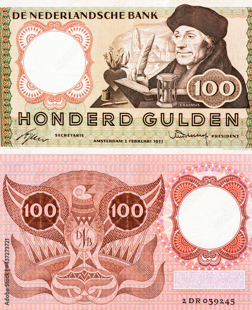 Desiderius Erasmus, Portrait from Netherlands100 Gulden1953 Banknotes ...