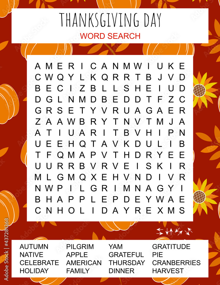 Vetor de Thanksgiving Day word search puzzle. Logic game for learning ...