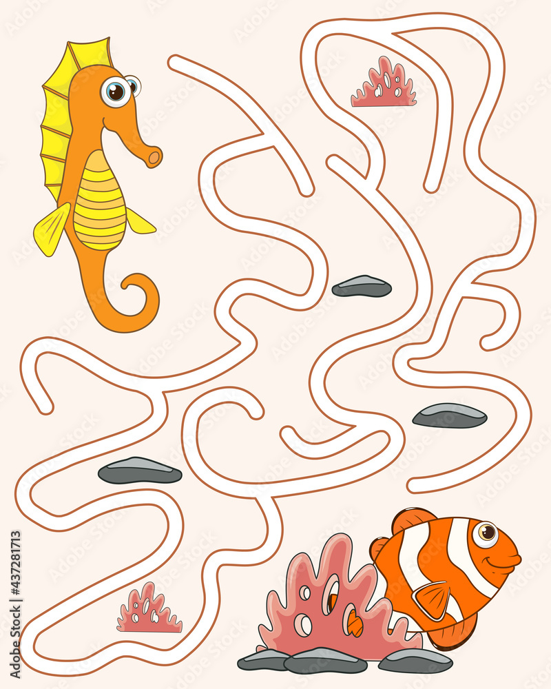 Help the sea horse find the pathway to his friend fish. Logic Game for ...