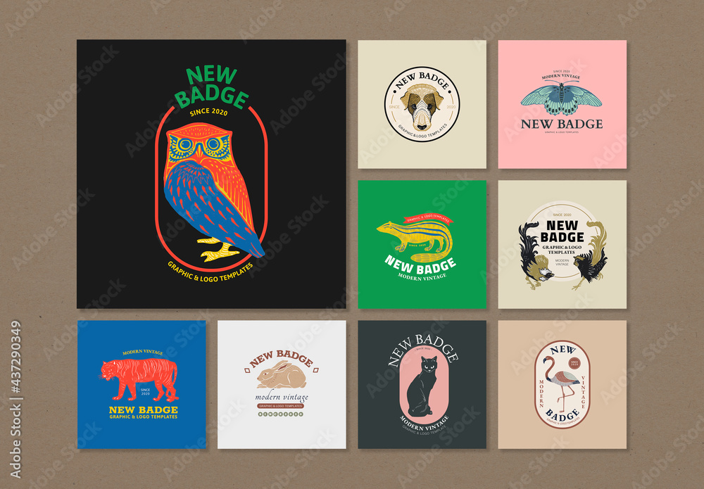 Animal Badge Linocut Set Stock Template | Adobe Stock