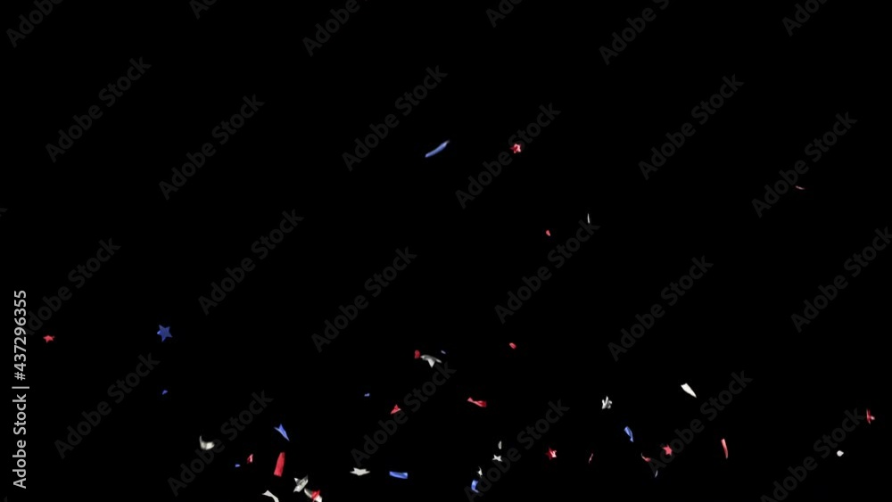 A double explosion of differently shaped blue-red-white confetti ...