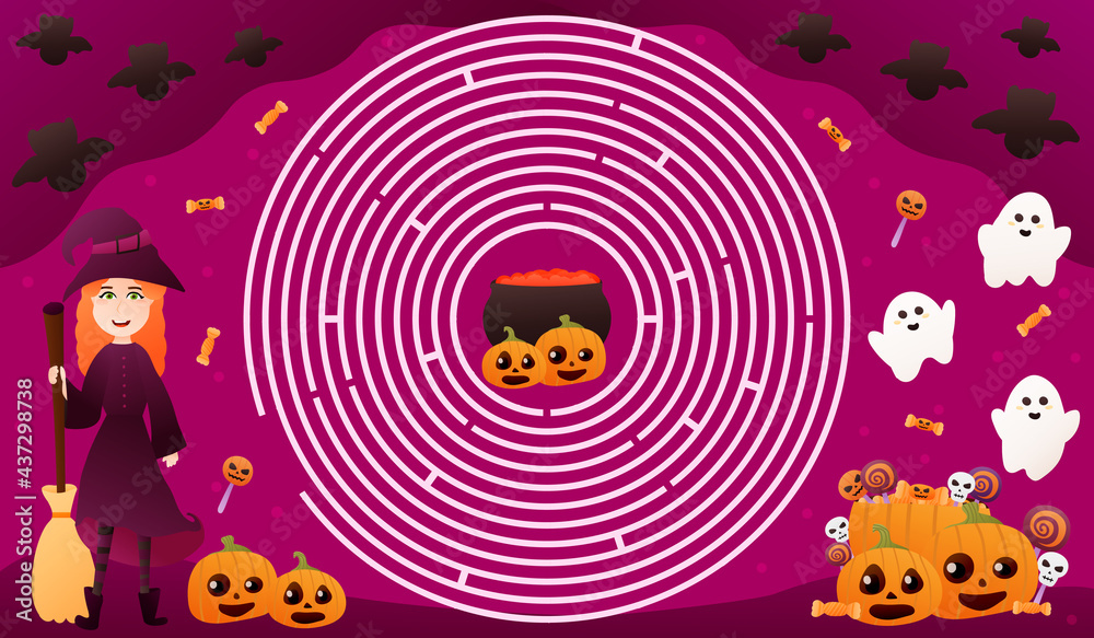 Halloween circle maze for kids with cute witch character holding broom ...