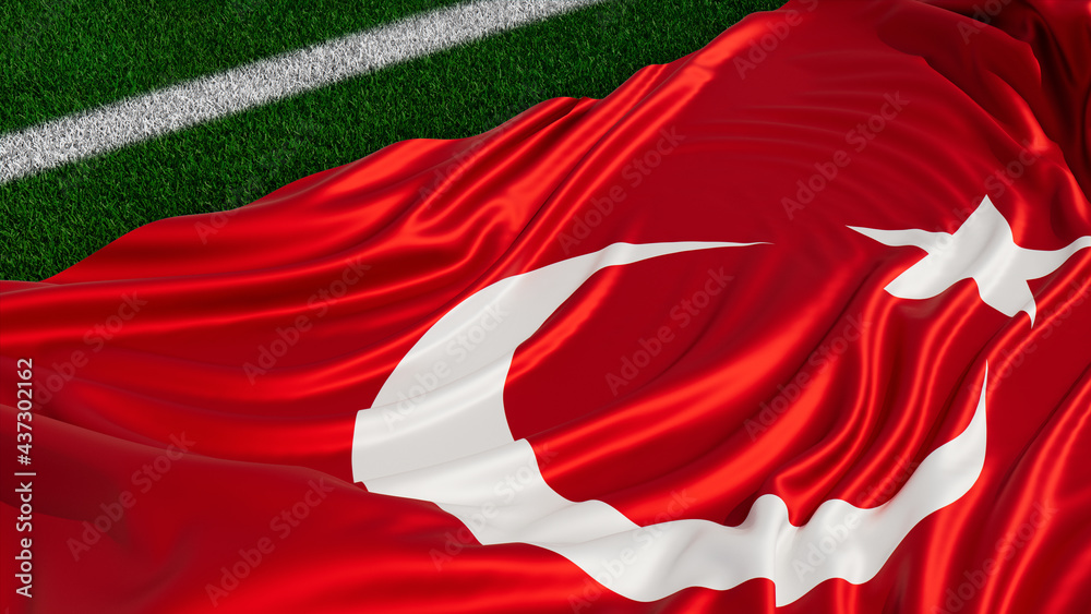 Flag of Turkey on a Sports field. Grass Pitch with a Turkish Flag. Euro ...