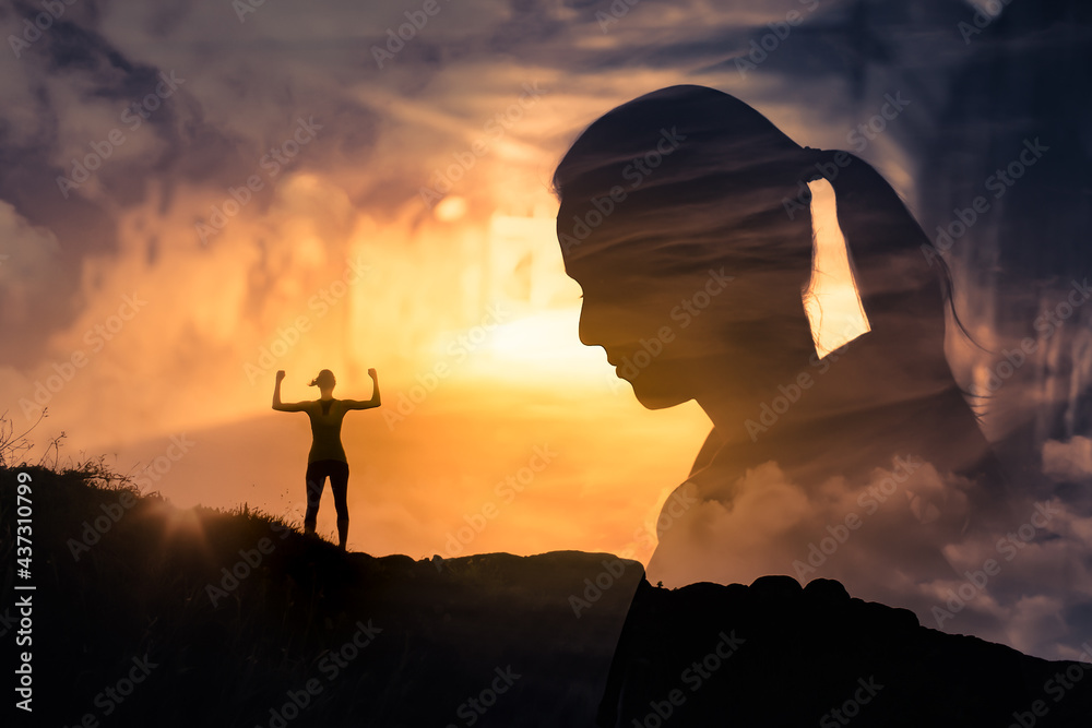 Strong young woman flexing on a mountain. Sad depressed woman becoming ...