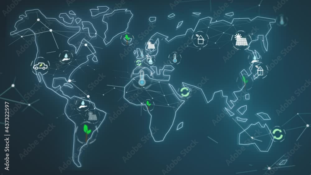 World map digital network ecological symbols, Concept green energy ...