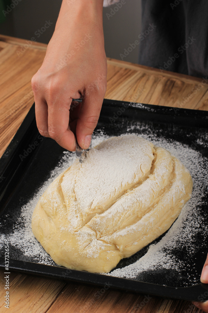 Poster Baking Process: Making Bread, Scoring Raw Round Japanese Milk ...