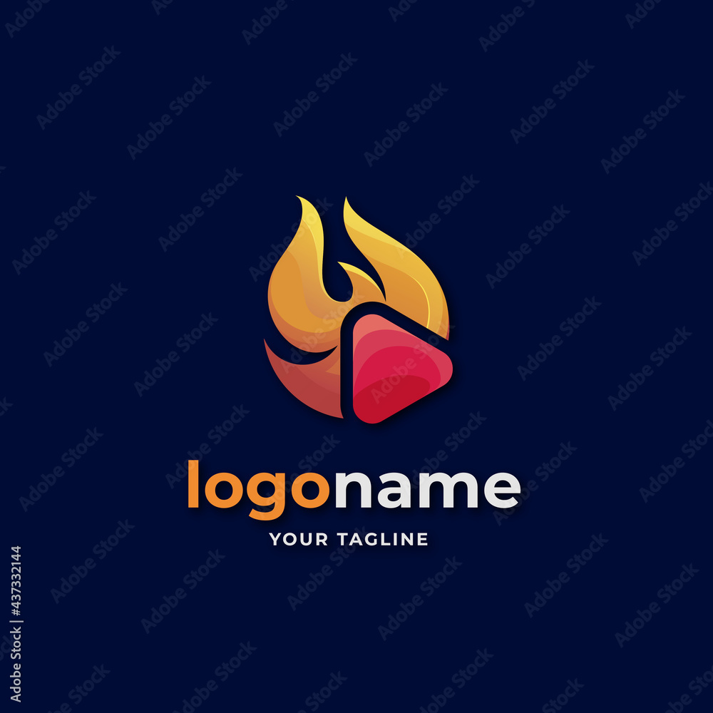 fire flame play button gradient logo with orange and red color Stock ...