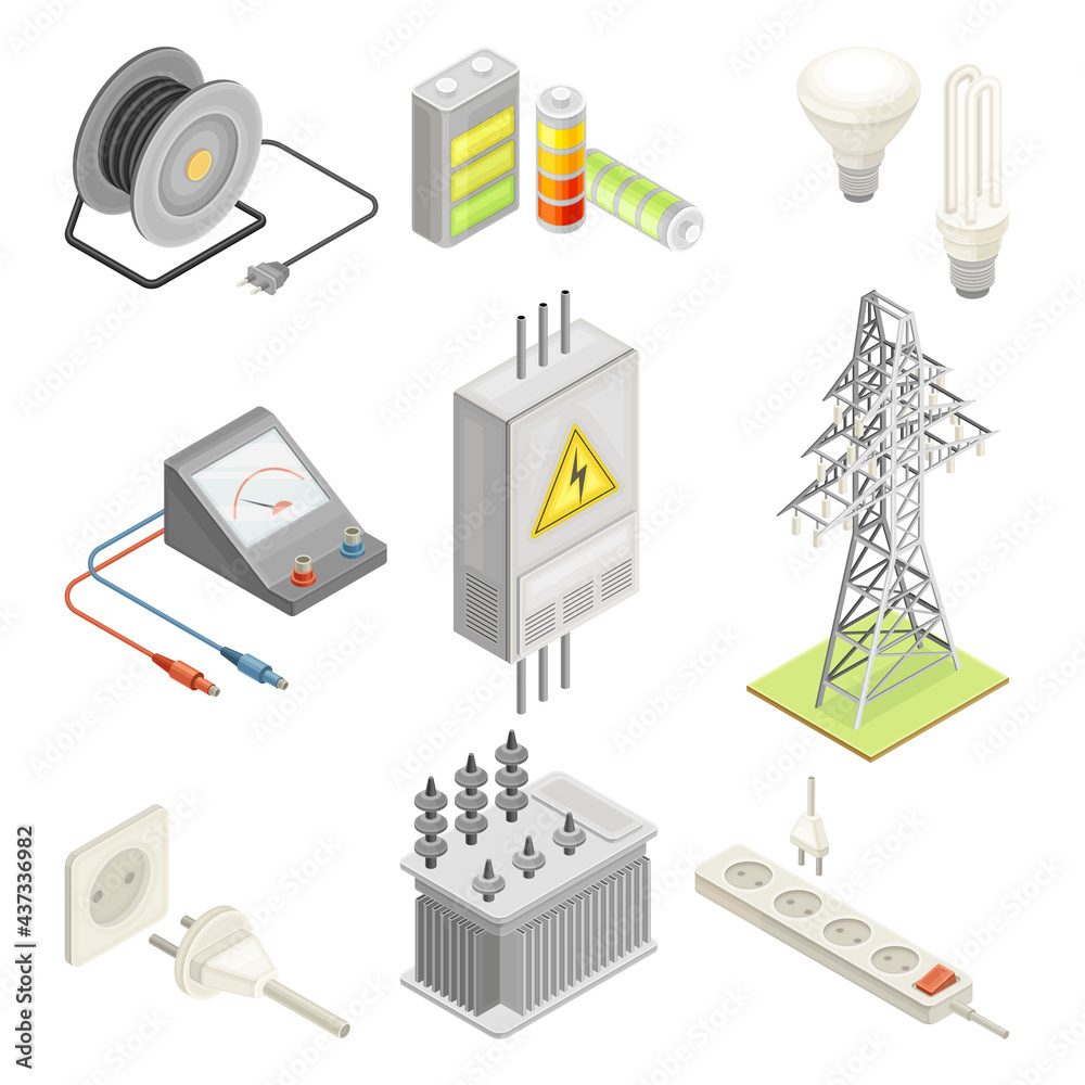 Electric Power Objects with Breaker Box, Socket and Lightbulb Isometric ...