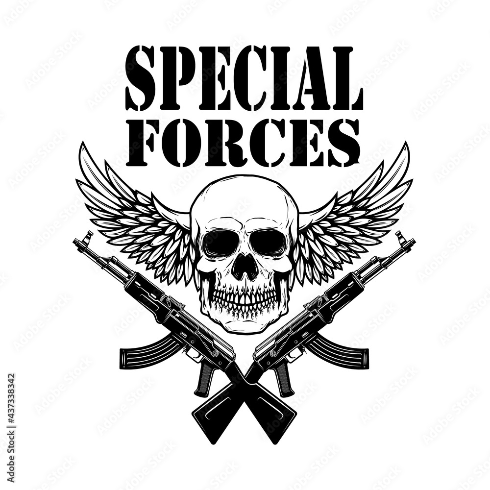 Special forces. Crossed assault rifles ak-47 with winged soldier skull ...