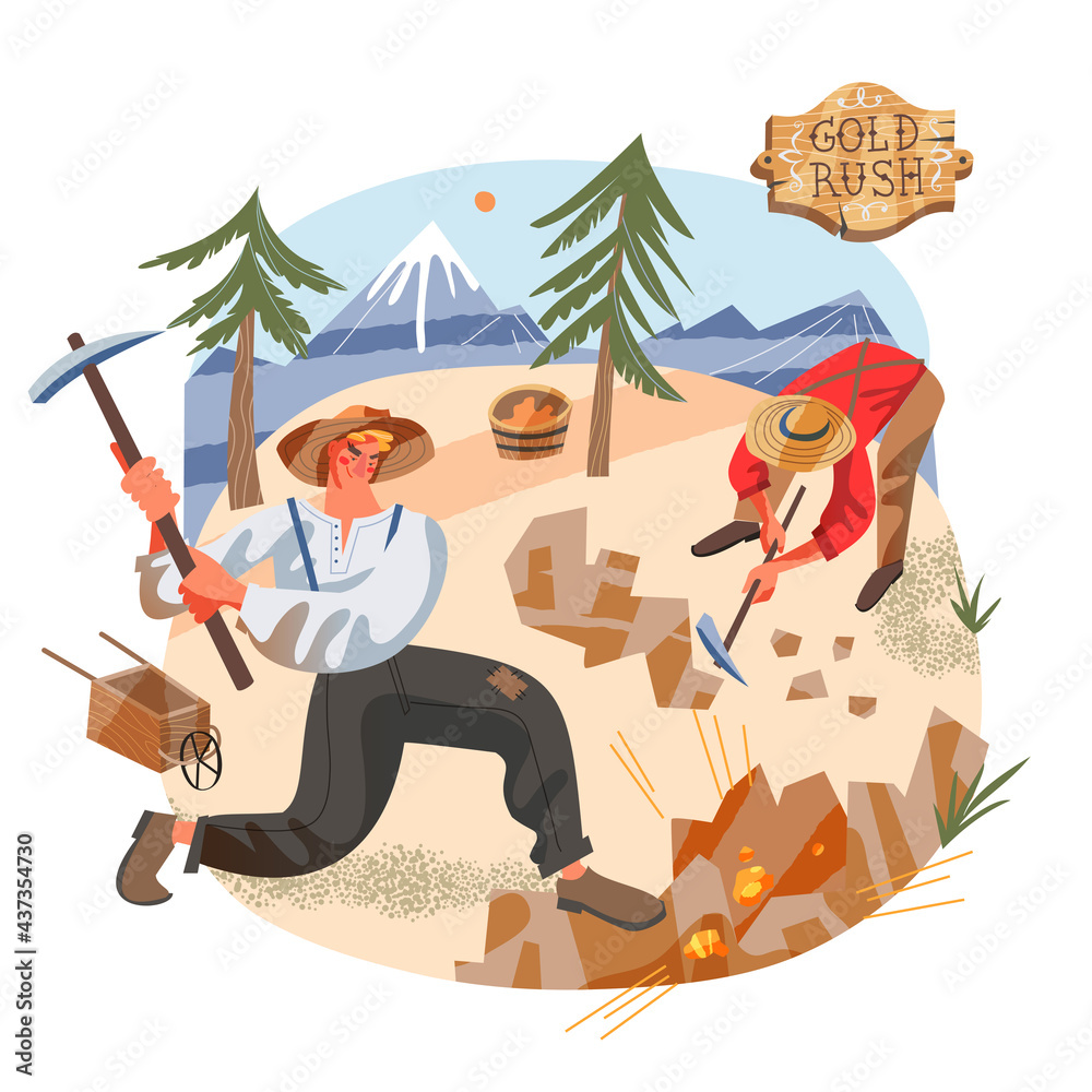 Diggers in Gold Rush. Young prospectors digging rocks and sand ...