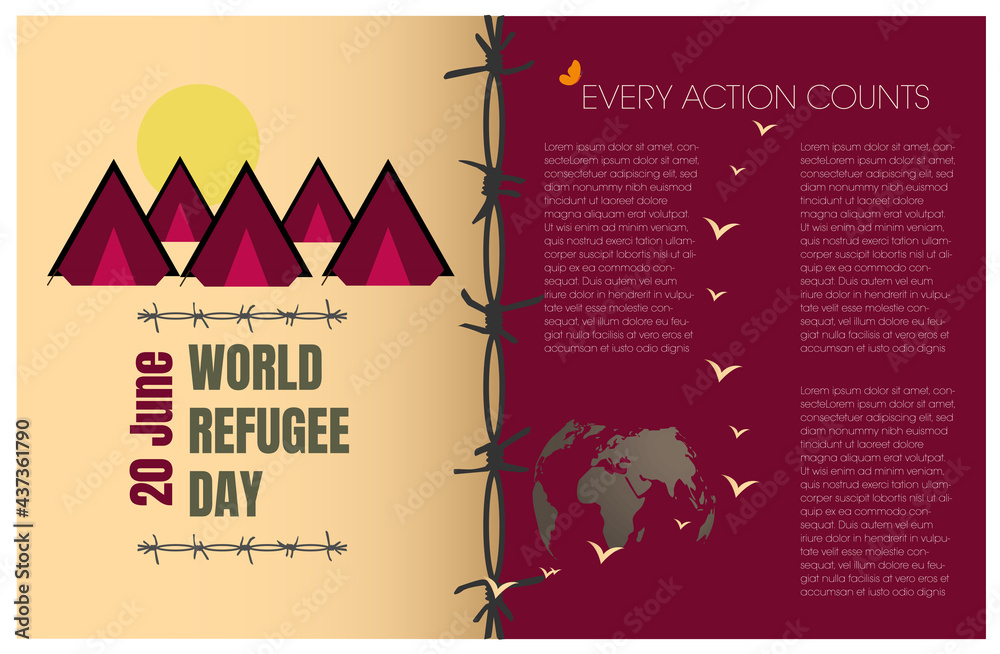 International refugee day with icons of tents and barbed wire , right ...
