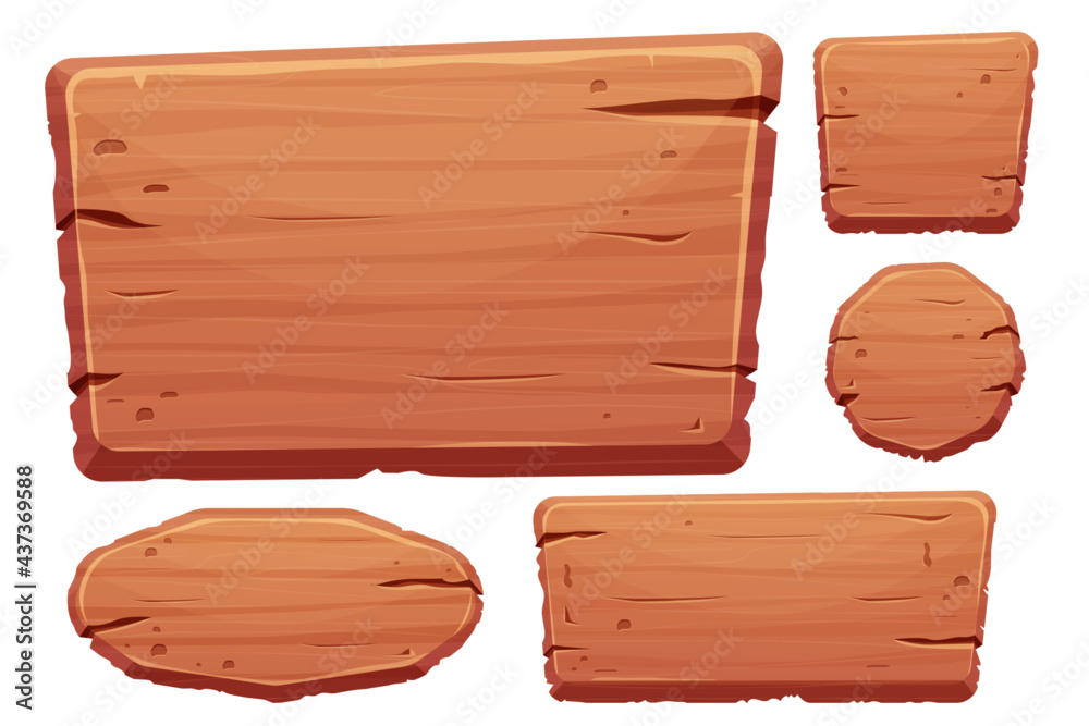 Wood button set in cartoon style with cracked details isolated on white ...