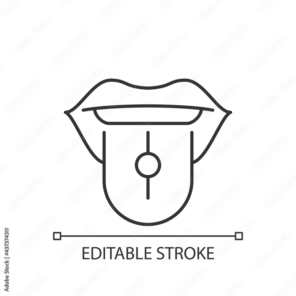 Tongue piercing linear icon. Beautiful jewellery in human mouth. Metal ...