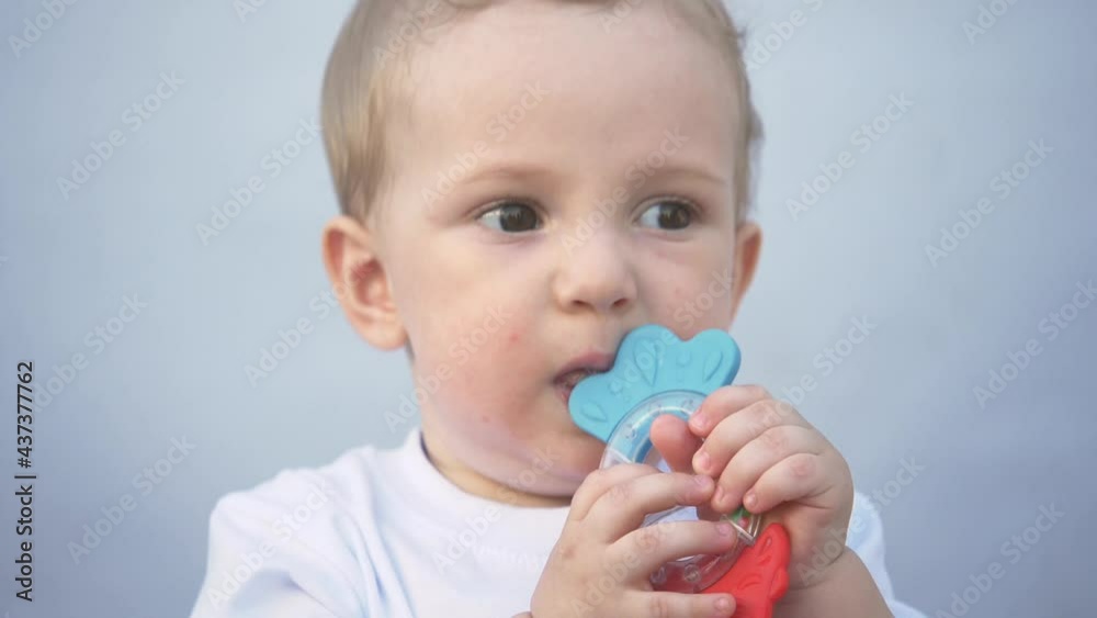 cute baby holds a toy in his hand and puts it in his mouth. Child ...