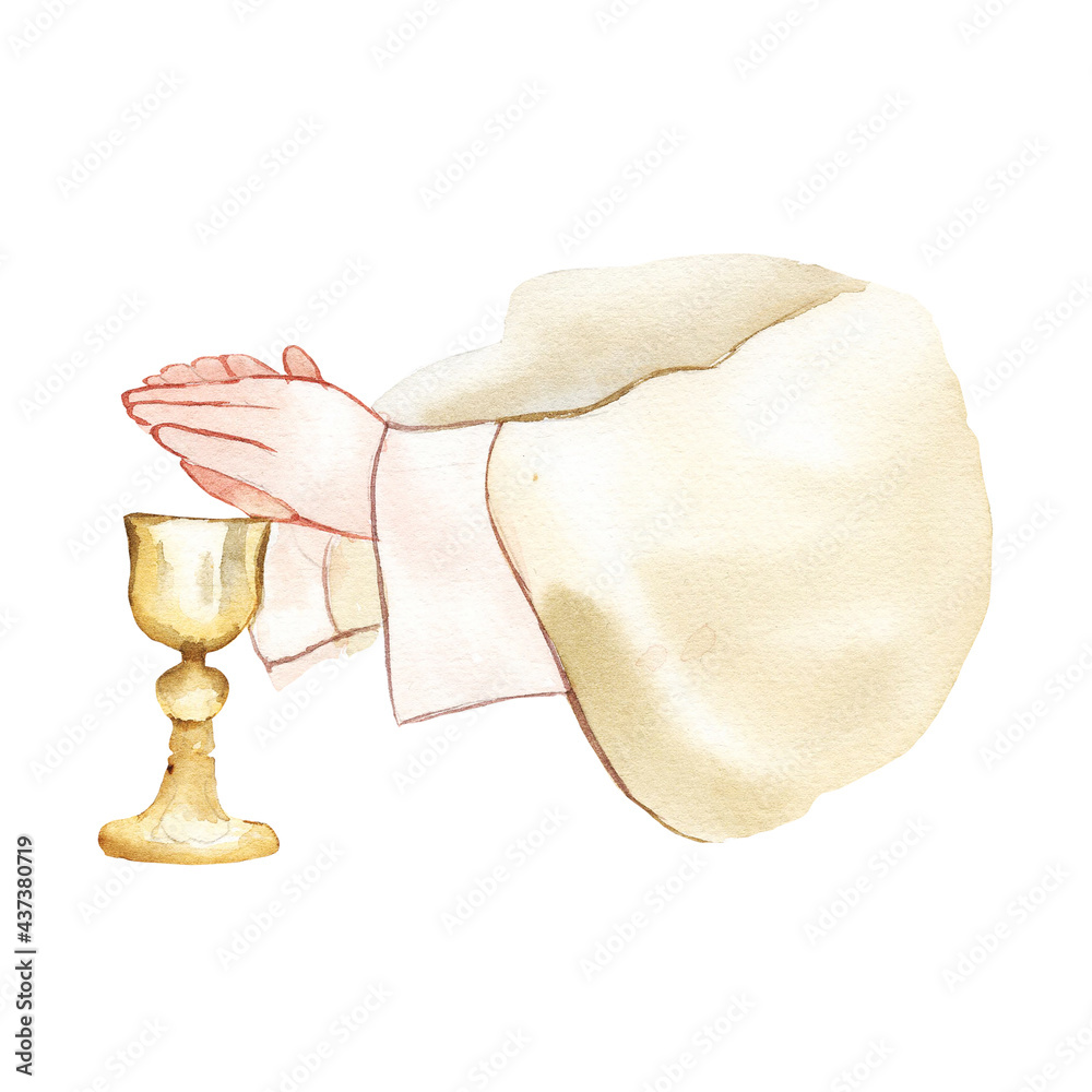 Watercolor illustration. Holy Communion, Last Supper. A bowl of wine ...