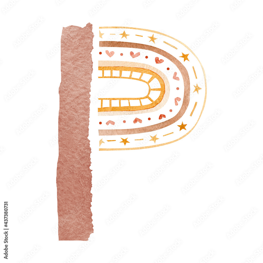 Watercolor Children's alphabet letter P in the style abstract rainbow ...