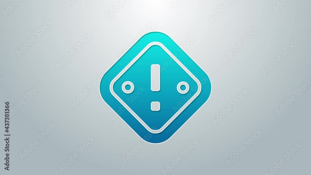 Blue line Exclamation mark in triangle icon isolated on grey background ...