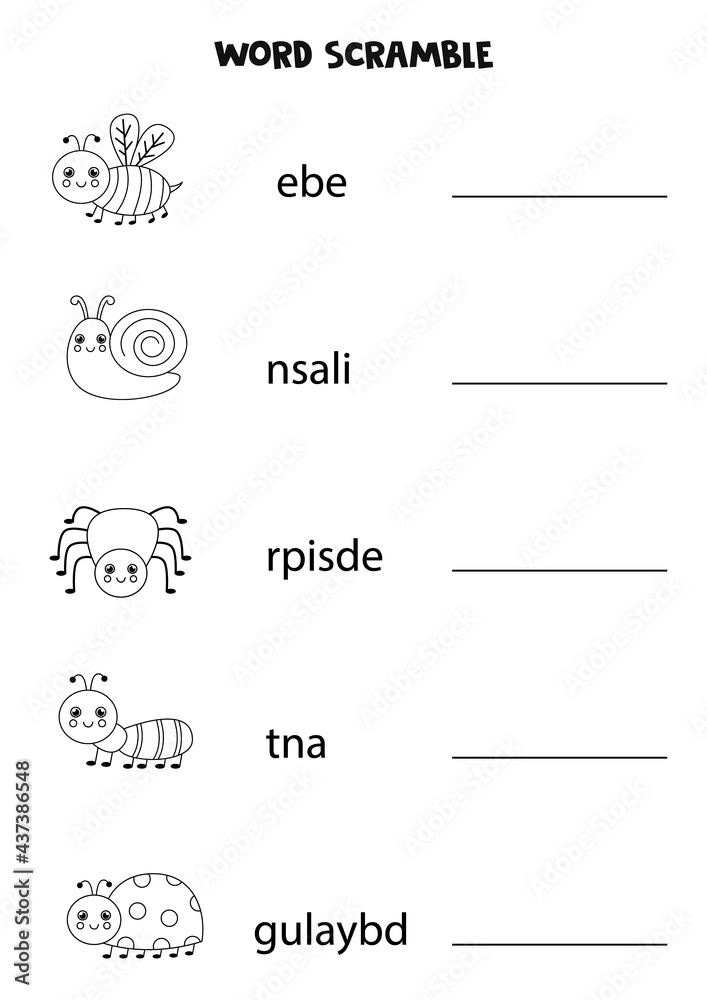 Puzzle for kids. Word scramble for children. Black and white insects ...
