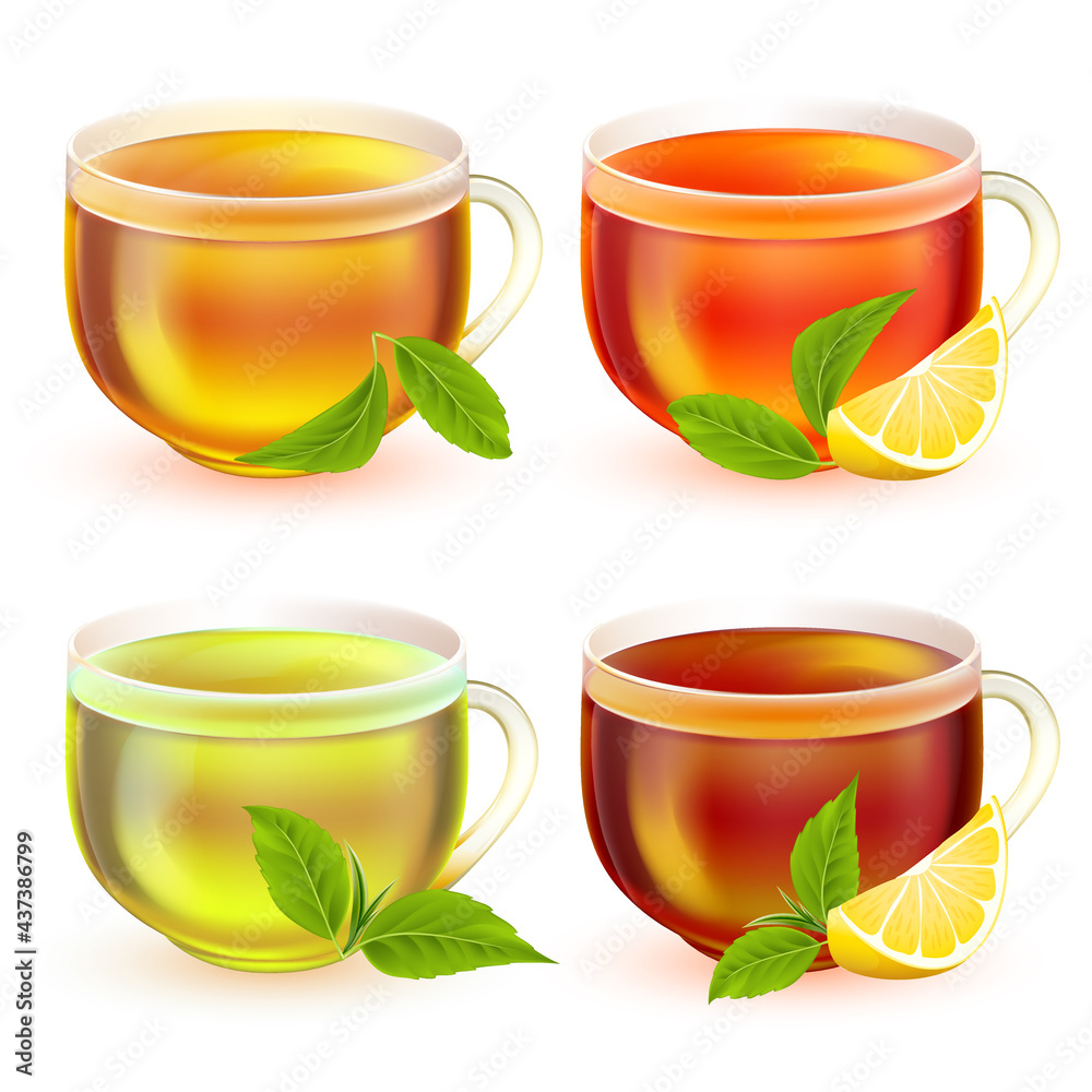 Cups set of green herbal, black and natural fruit tea. Realistic ...